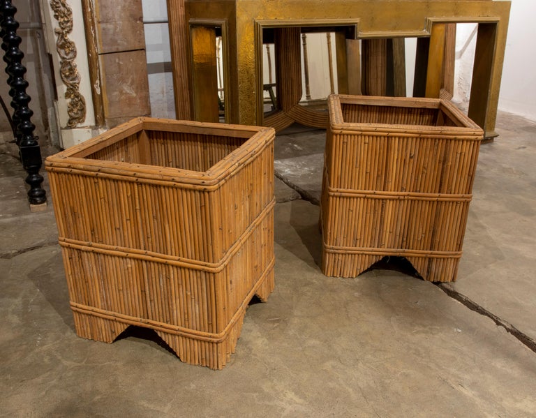 Spanish Pair of Square Bamboo Flowerpots For Sale at 1stDibs