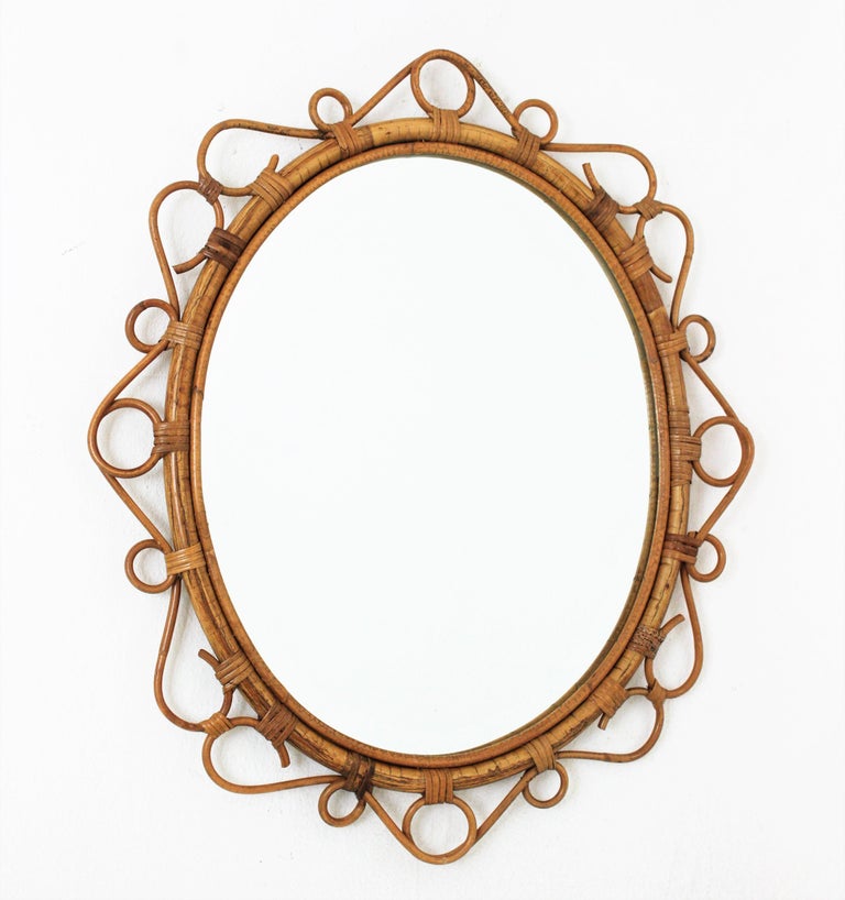 Spanish Rattan Bamboo Oval Mirror, 1960s For Sale at 1stDibs
