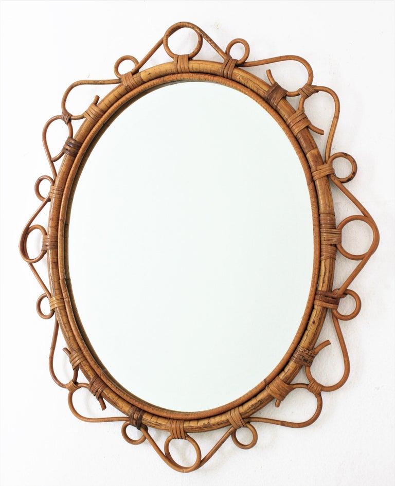 Spanish Rattan Bamboo Oval Mirror, 1960s For Sale at 1stDibs