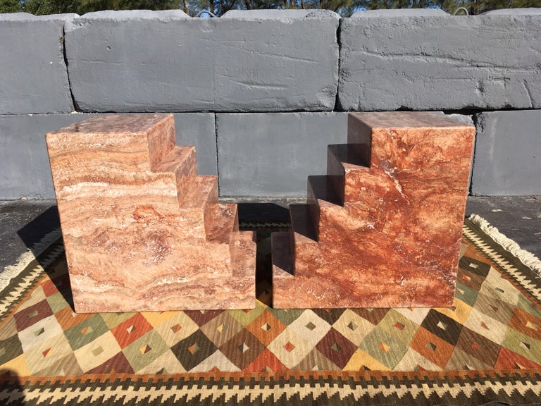 Pair of Spanish Red Travertine Table Bases Pedestals Step Design at 1stDibs