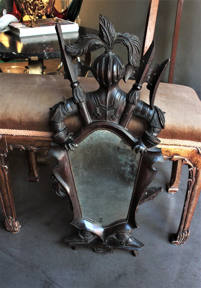 Spanish Revival Carved Wood Mirror with Ornate Medieval Knight Frame ...