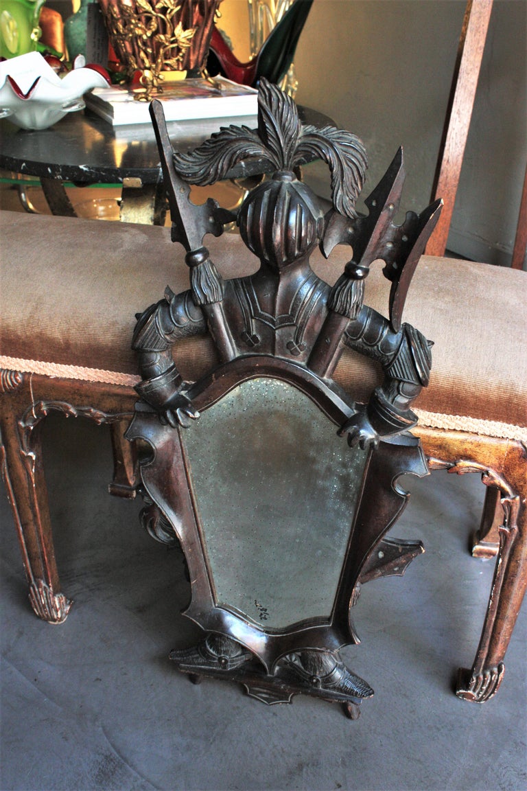 Spanish Revival Carved Wood Mirror with Ornate Medieval Knight Frame ...