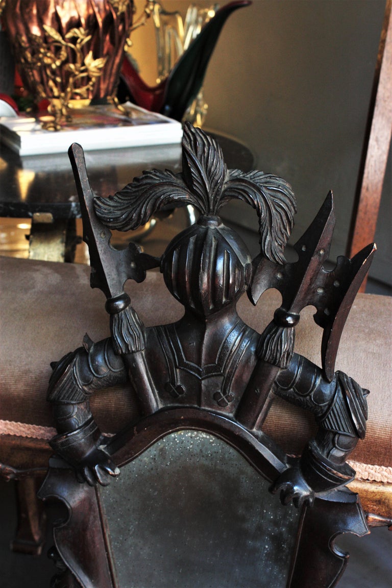 Spanish Revival Carved Wood Mirror with Ornate Medieval Knight Frame ...