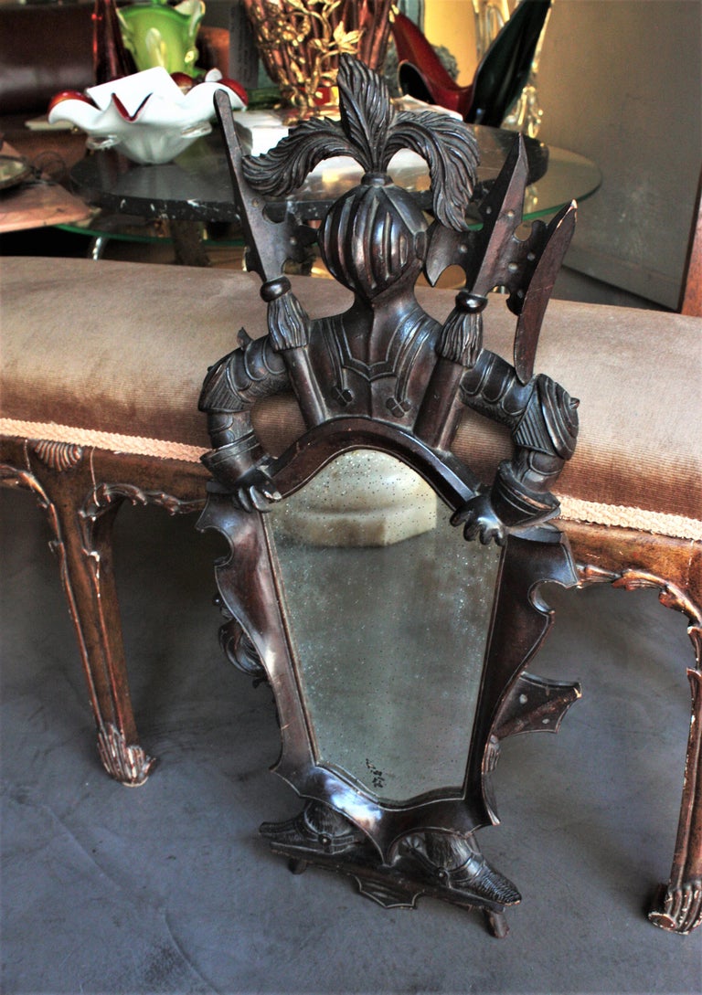 Spanish Revival Carved Wood Mirror with Ornate Medieval Knight Frame ...