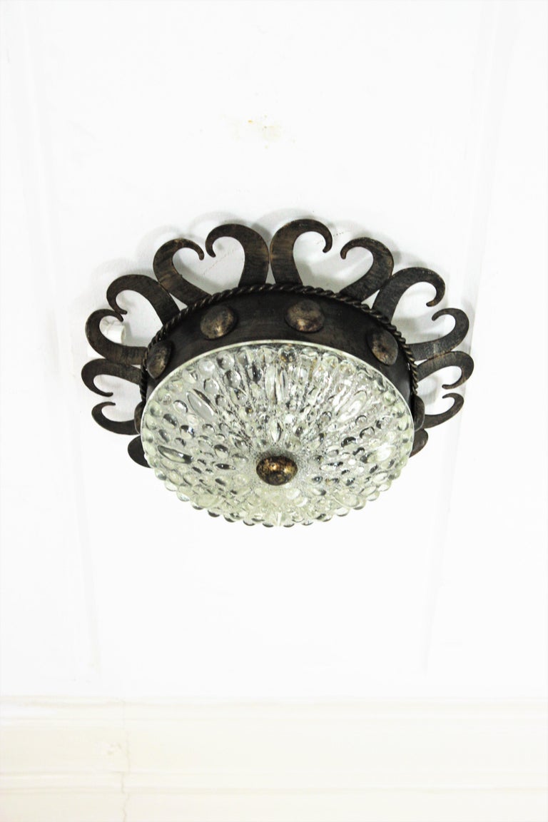 Spanish Revival Crown Sunburst Light Fixture in Patinated Iron and ...