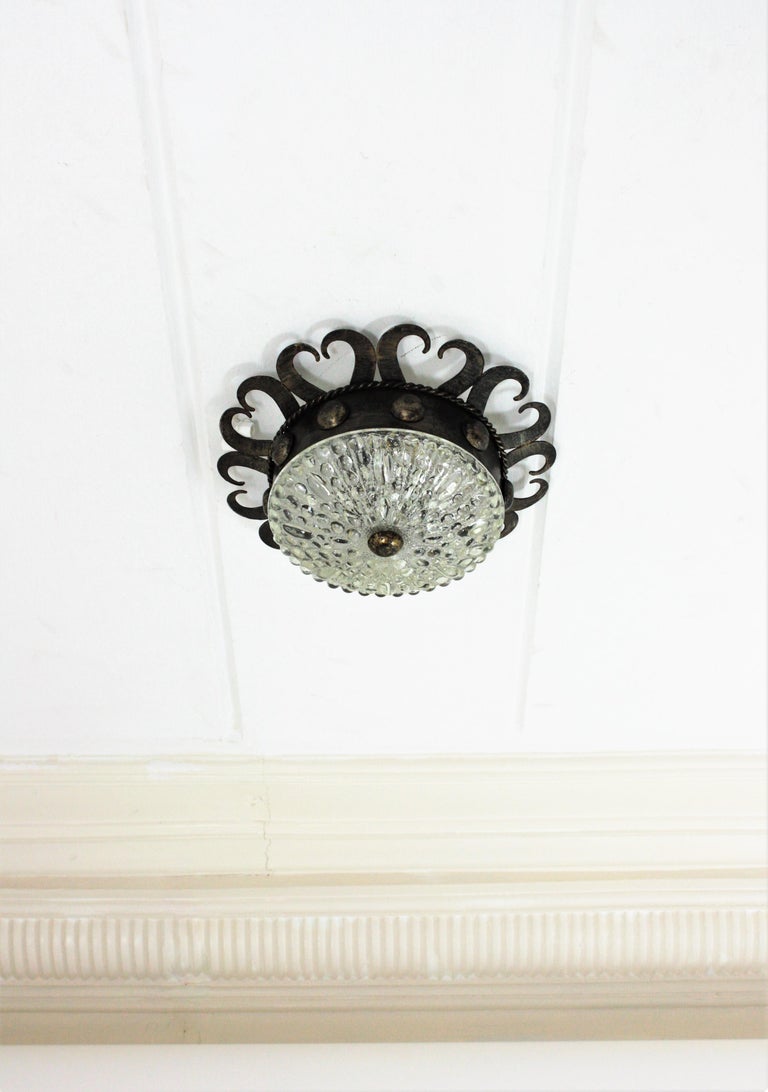 Spanish Revival Crown Sunburst Light Fixture in Patinated Iron and ...