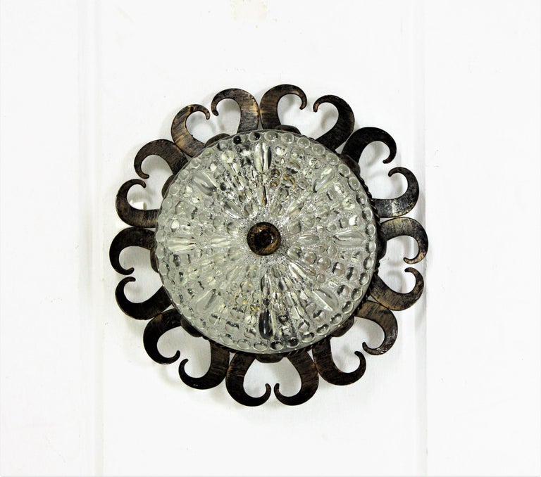 Spanish Revival Crown Sunburst Light Fixture in Patinated Iron and ...