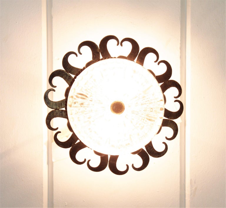 Spanish Revival Crown Sunburst Light Fixture in Patinated Iron and ...