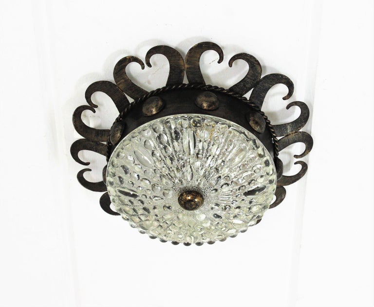 Spanish Revival Crown Sunburst Light Fixture in Patinated Iron and ...