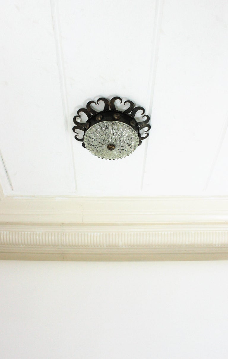 Spanish Revival Crown Sunburst Light Fixture in Patinated Iron and ...