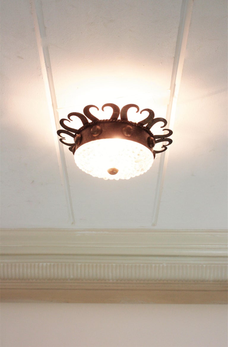 Spanish Revival Crown Sunburst Light Fixture in Patinated Iron and ...