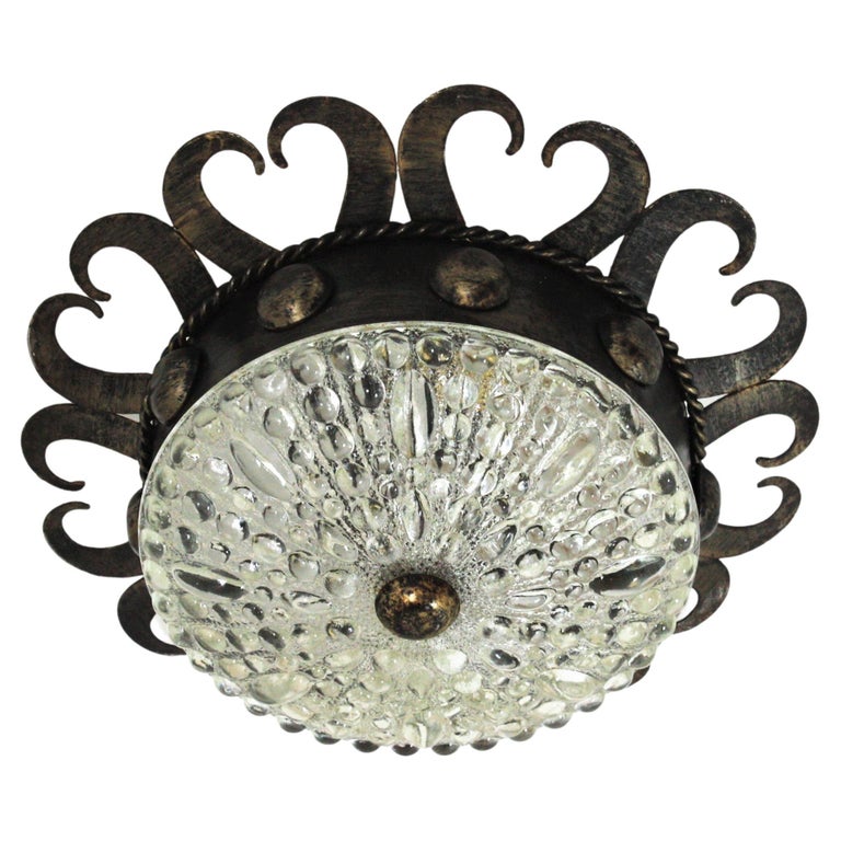 Spanish Revival Crown Sunburst Light Fixture in Patinated Iron and ...