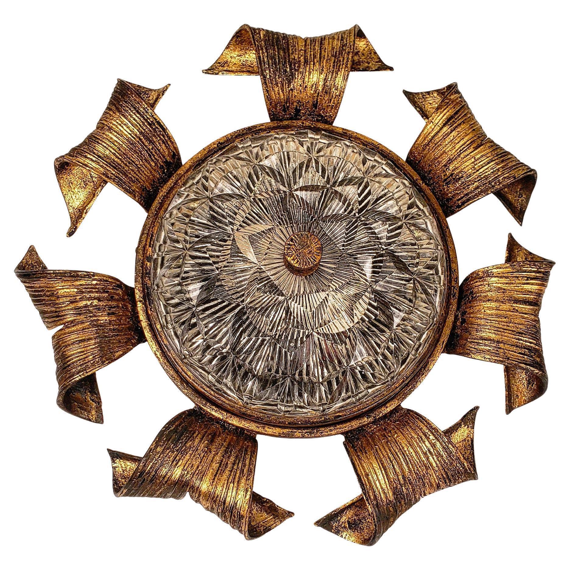 Spanish Neoclassical Gilt Iron Fluted Glass Flush Mount Ceiling Light ...