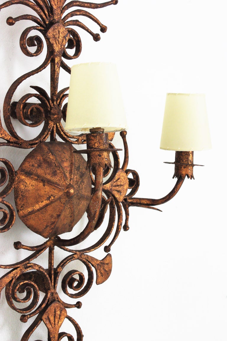 Spanish Revival Scrollwork Large Wall Sconce in Gilt Wrought Iron For ...
