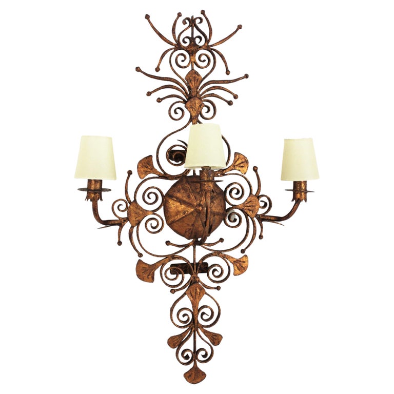 Spanish Revival Scrollwork Large Wall Sconce in Gilt Wrought Iron For ...