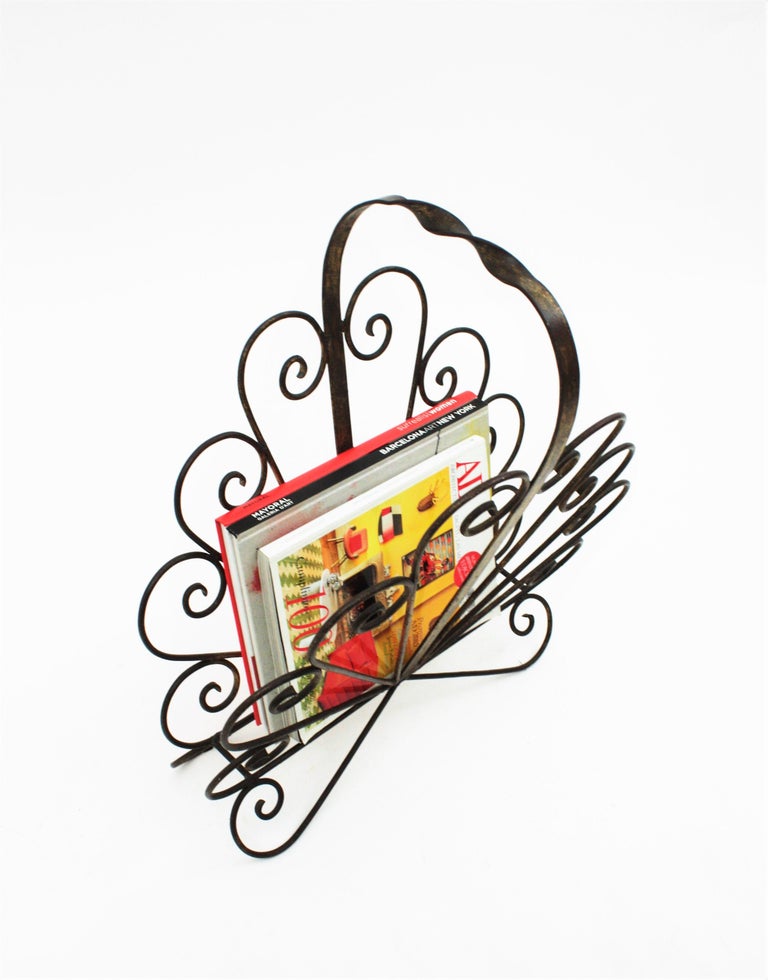 Spanish Revival Scrollwork Magazine Rack, Wrought Iron For Sale at 1stDibs