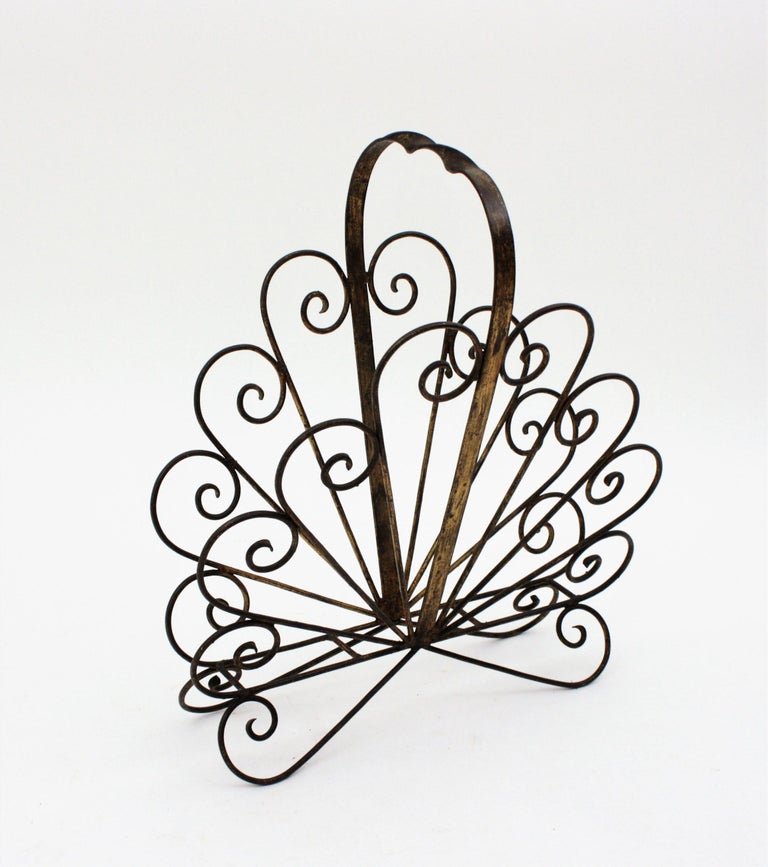 Spanish Revival Scrollwork Magazine Rack, Wrought Iron For Sale at 1stDibs