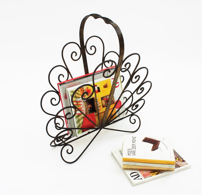 Spanish Revival Scrollwork Magazine Rack, Wrought Iron For Sale at 1stDibs