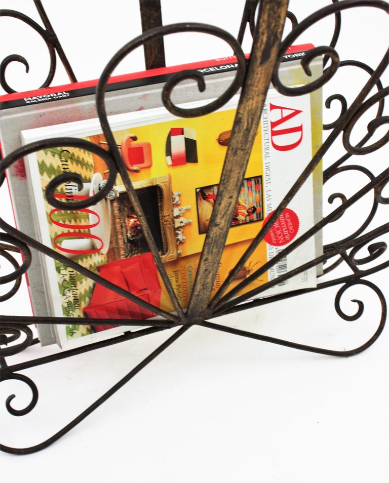 Spanish Revival Scrollwork Magazine Rack, Wrought Iron For Sale at 1stDibs