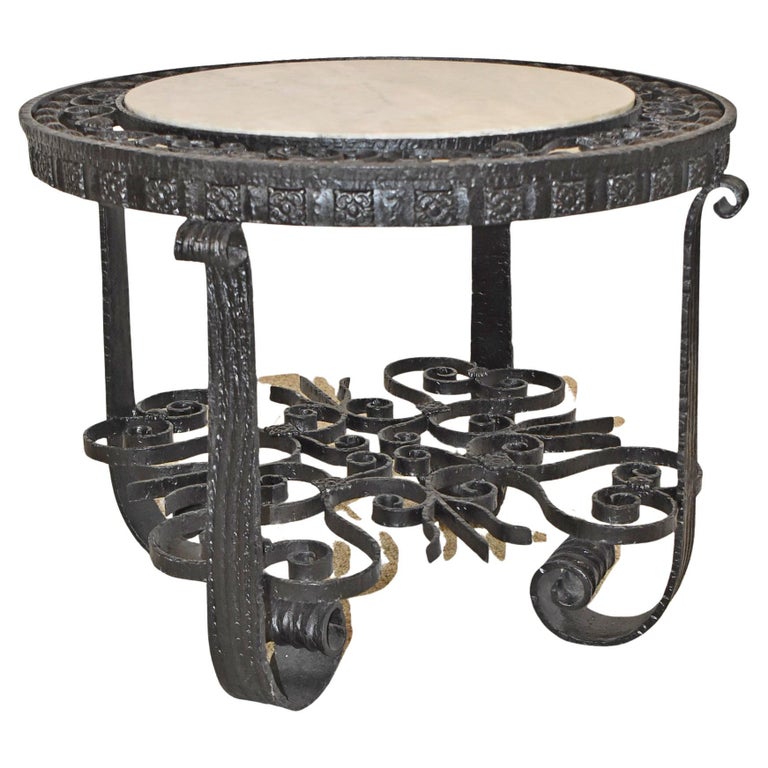 Spanish Revival Wrought Iron Table with Marble Top For Sale at 1stDibs
