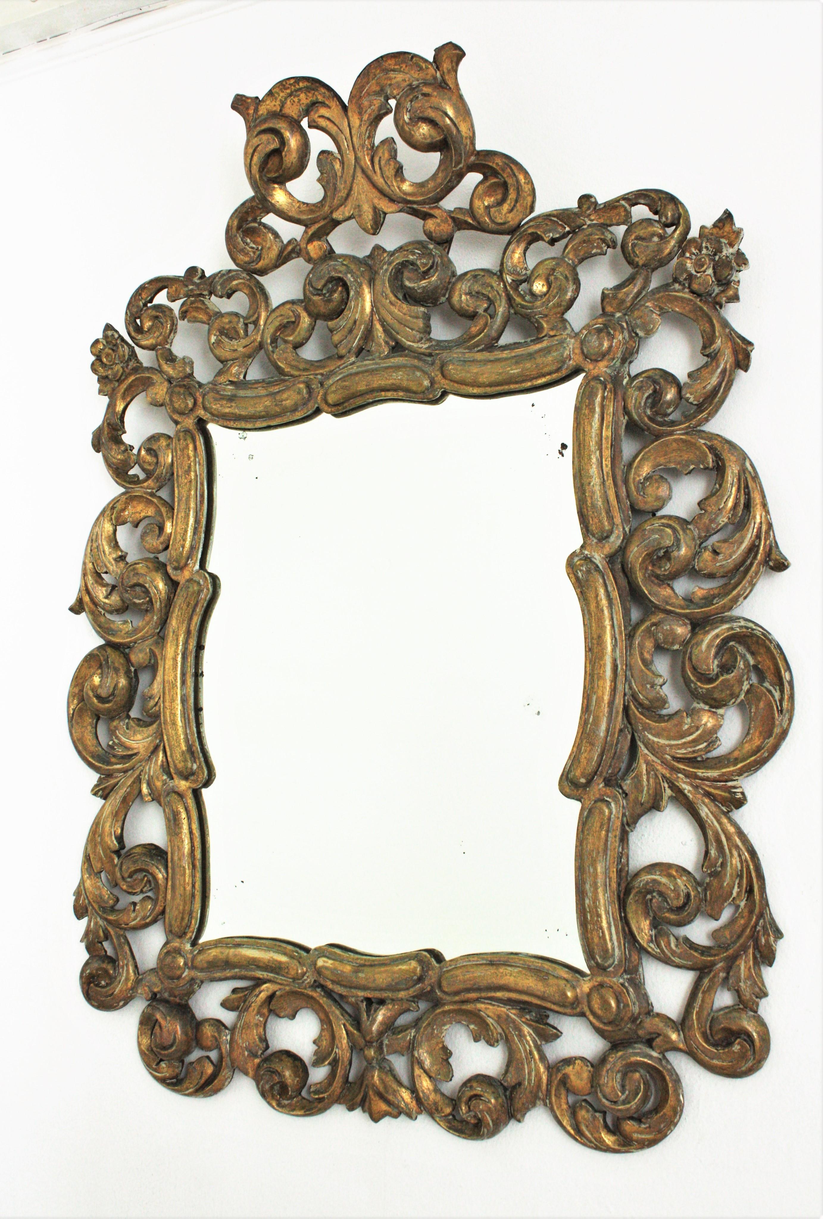 Spanish Rococo Giltwood Mirror with Scrollwork Frame and Crest For Sale ...