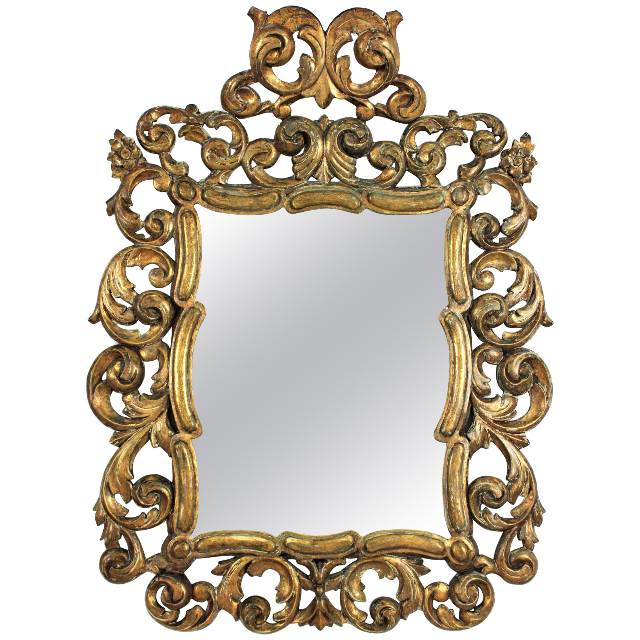 Spanish Rococo Giltwood Mirror with Scrollwork Frame and Crest For Sale ...