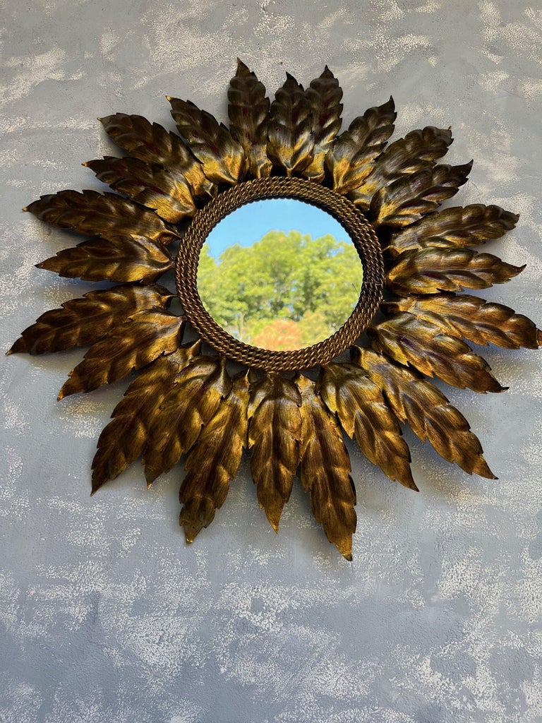 Spanish Round Gilt Metal Sunburst Mirror For Sale at 1stDibs