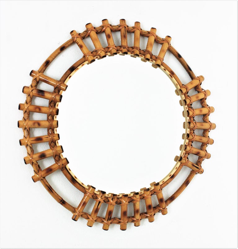 Spanish Round Sunburst Mirror in Bamboo Rattan, 1960s at 1stDibs