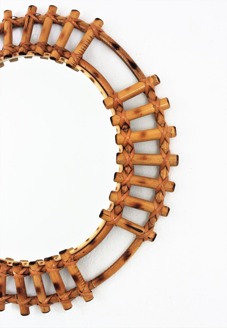 Spanish Round Sunburst Mirror in Bamboo Rattan, 1960s at 1stDibs