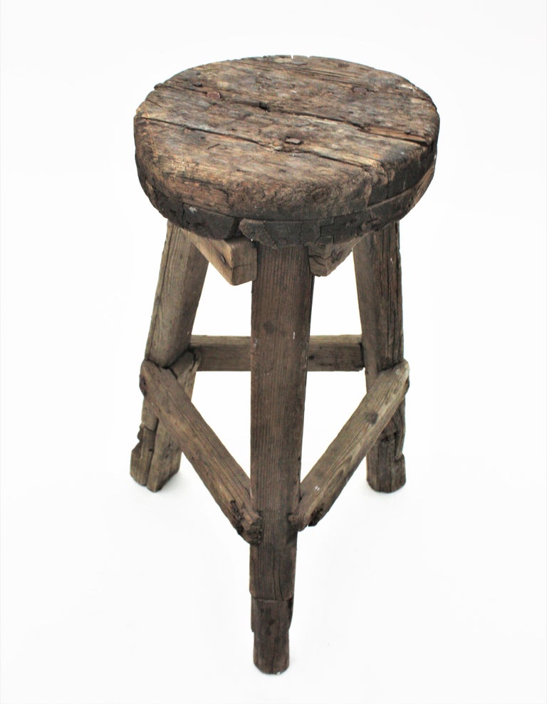 Spanish Rustic Folk Wooden Tripod Stool For Sale at 1stDibs