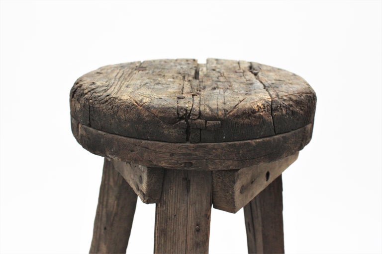 Spanish Rustic Folk Wooden Tripod Stool For Sale at 1stDibs