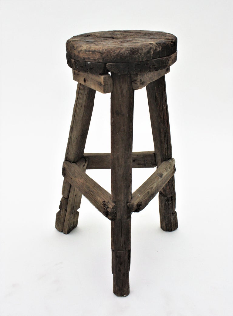 Spanish Rustic Folk Wooden Tripod Stool For Sale at 1stDibs