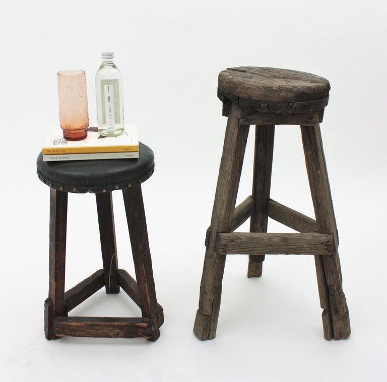 Spanish Rustic Folk Wooden Tripod Stool For Sale at 1stDibs