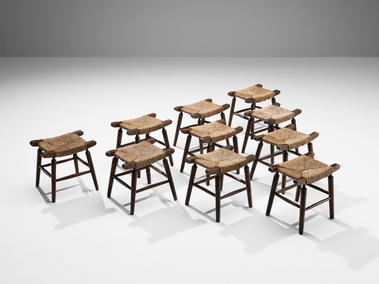Spanish Rustic Stools in Stained Wood and Straw For Sale at 1stDibs
