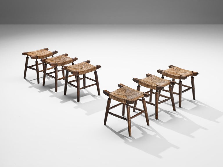 Spanish Rustic Stools in Stained Wood and Straw For Sale at 1stDibs