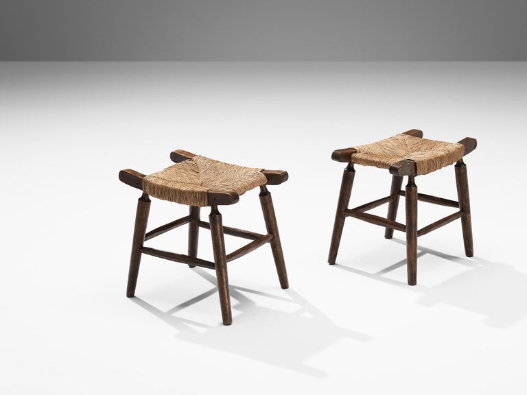 Spanish Rustic Stools in Stained Wood and Straw For Sale at 1stDibs