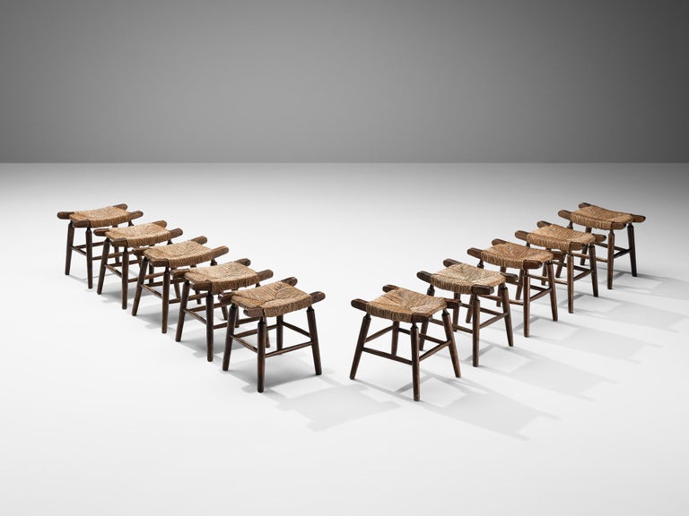 Spanish Rustic Stools in Stained Wood and Straw For Sale at 1stDibs