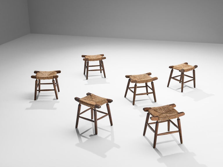 Spanish Rustic Stools in Stained Wood and Straw For Sale at 1stDibs