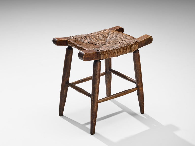 Spanish Rustic Stools in Stained Wood and Straw For Sale at 1stDibs