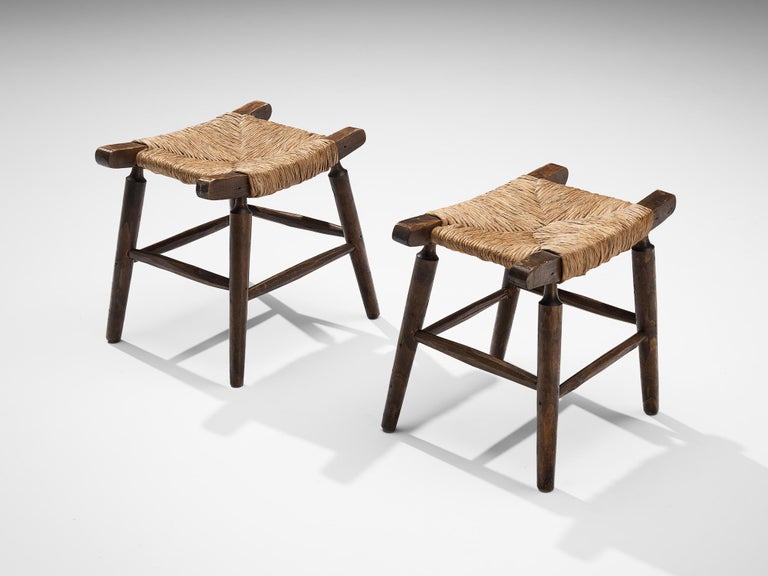 Spanish Rustic Stools in Stained Wood and Straw For Sale at 1stDibs