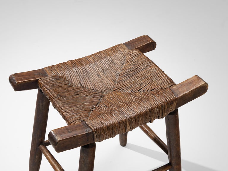 Spanish Rustic Stools in Stained Wood and Straw For Sale at 1stDibs