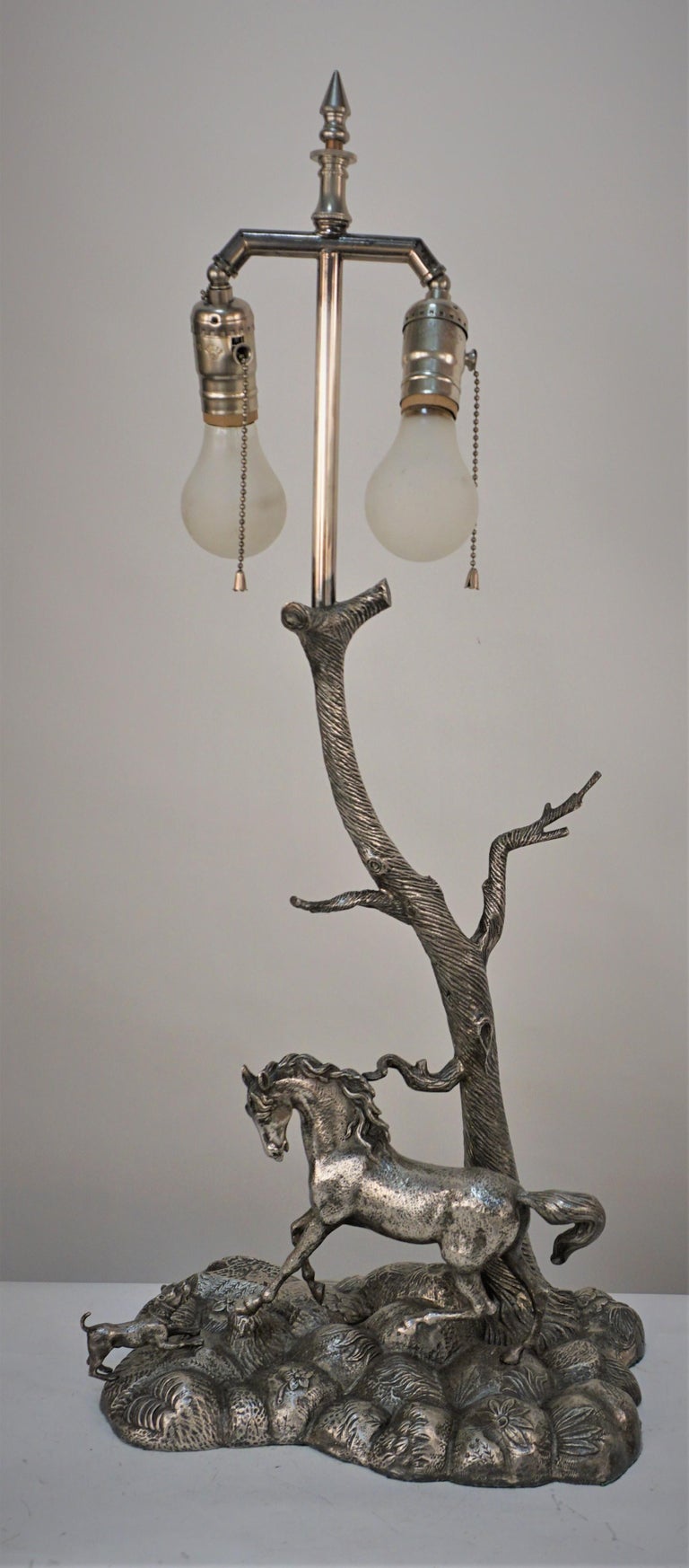 Spanish Silver on Bronze Horse Sculpture Table Lamp For Sale at 1stDibs