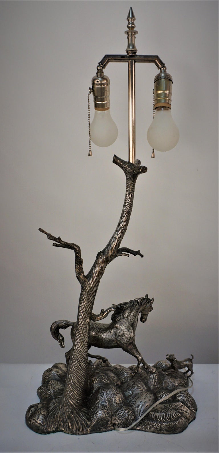 Spanish Silver on Bronze Horse Sculpture Table Lamp For Sale at 1stDibs