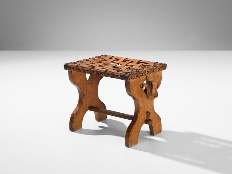 Spanish Stool in Stained Wood with Braided Leather Seat For Sale at 1stDibs