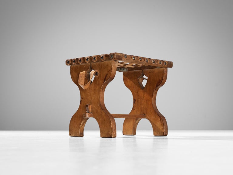 Spanish Stool in Stained Wood with Braided Leather Seat For Sale at 1stDibs