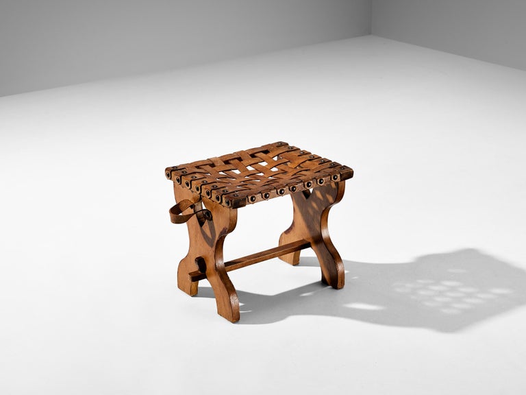 Spanish Stool in Stained Wood with Braided Leather Seat For Sale at 1stDibs
