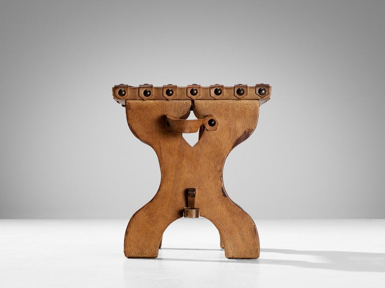 Spanish Stool in Stained Wood with Braided Leather Seat For Sale at 1stDibs