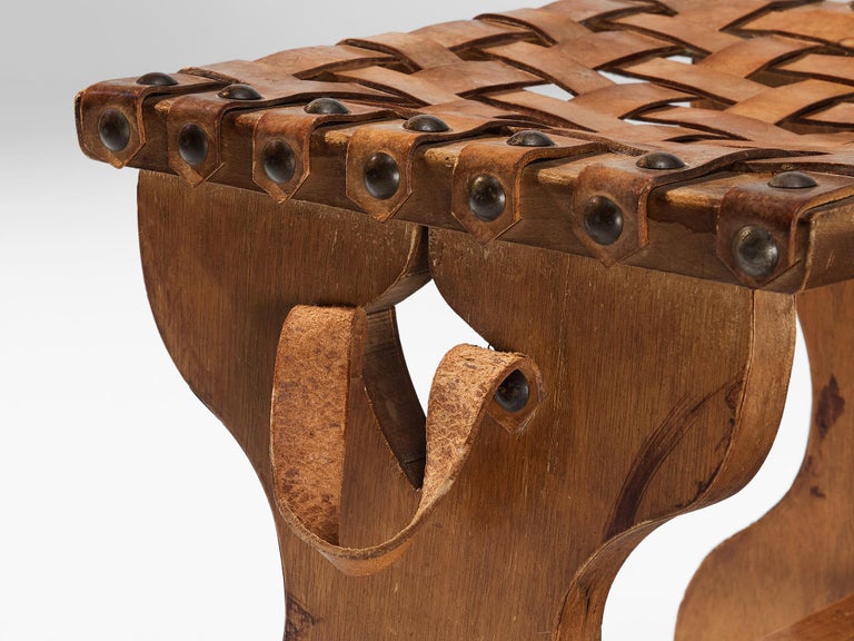 Spanish Stool in Stained Wood with Braided Leather Seat For Sale at 1stDibs