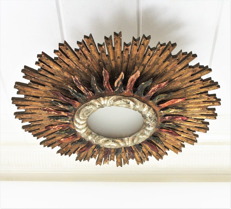 Spanish Sunburst Ceiling Light Fixture in Giltwood, Baroque Style at ...