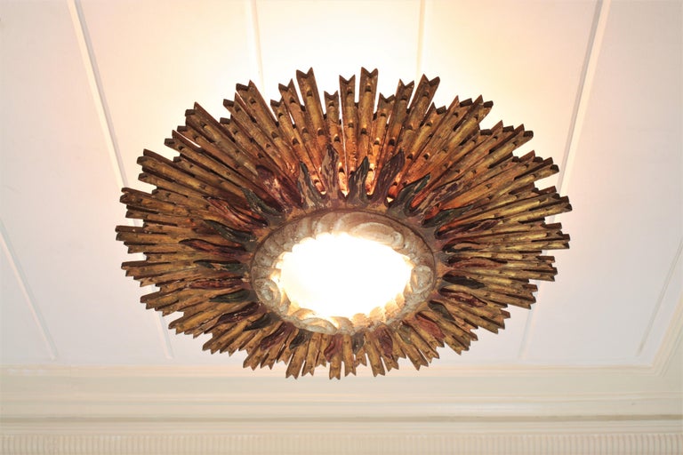 Spanish Sunburst Ceiling Light Fixture in Giltwood, Baroque Style at ...